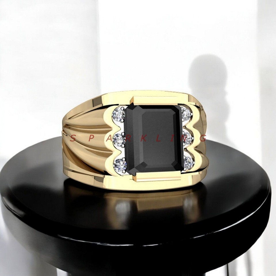 Black Onyx Emerald Cut With 925 Sterling Silver Gold Plated Ring For ...