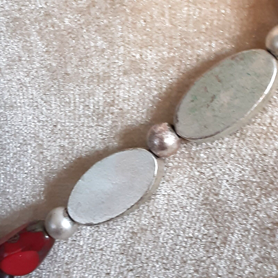 Chico's red silver tone 16" necklace 2" round pendant faux pearl ...