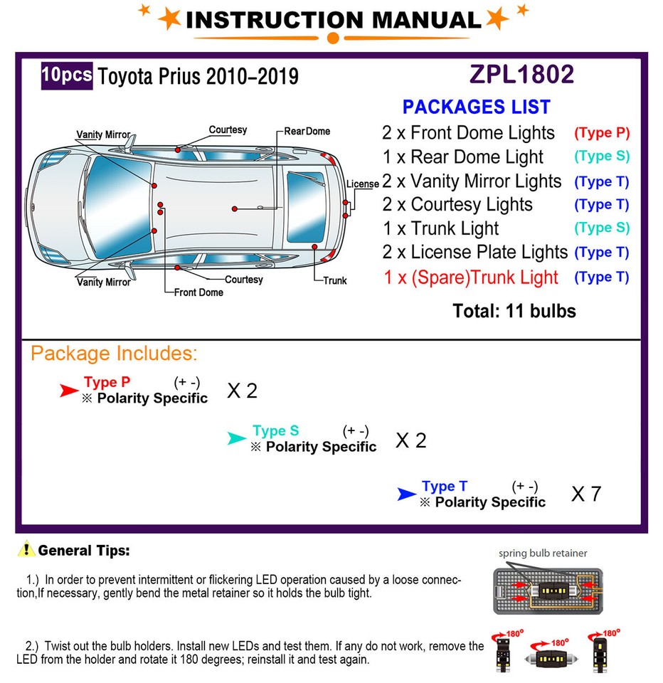 10 Bulbs LED Interior Light License Plate light for Toyota Prius 2016 ...