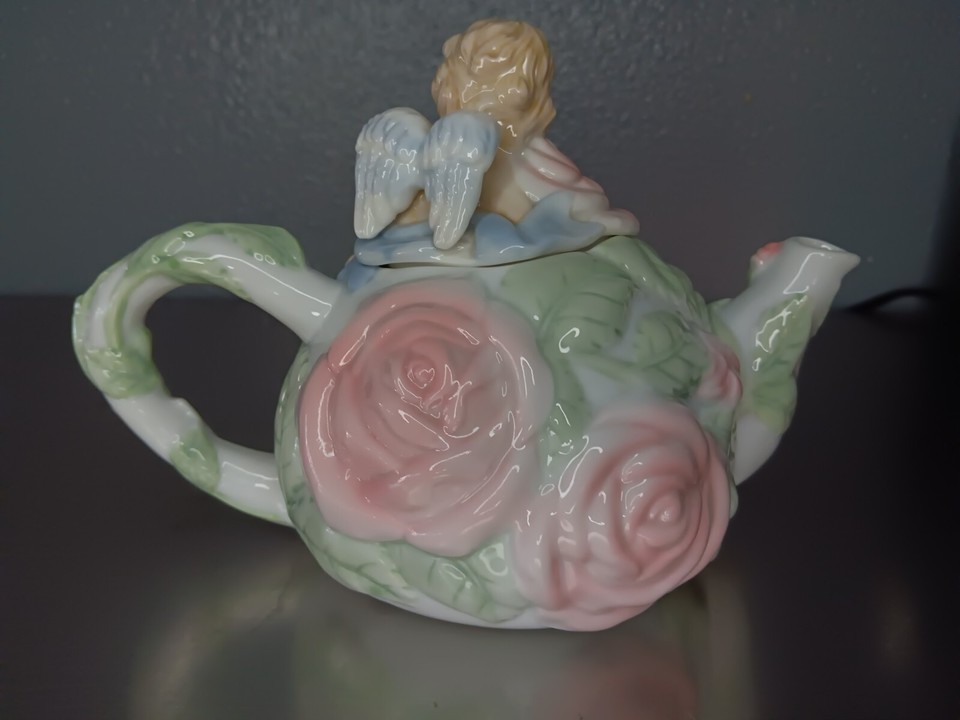 Vintage AVON Cherub Angel Teapot With Pink Rose Accents 6" Tall. | eBay