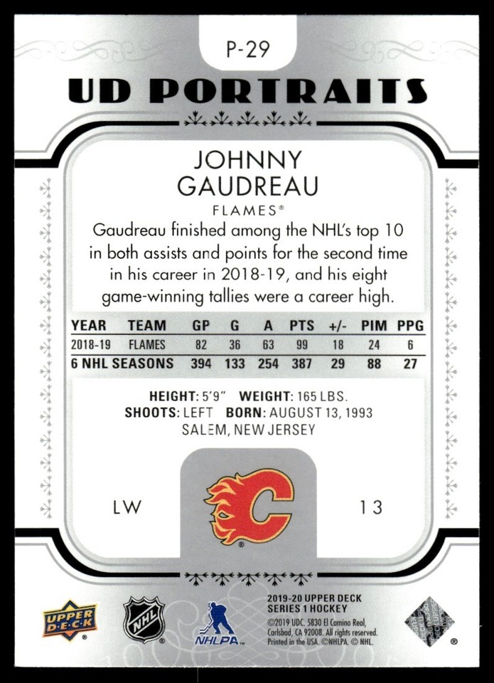 2019-20 Upper Deck UD Portraits Johnny Gaudreau #P-29 | eBay UK