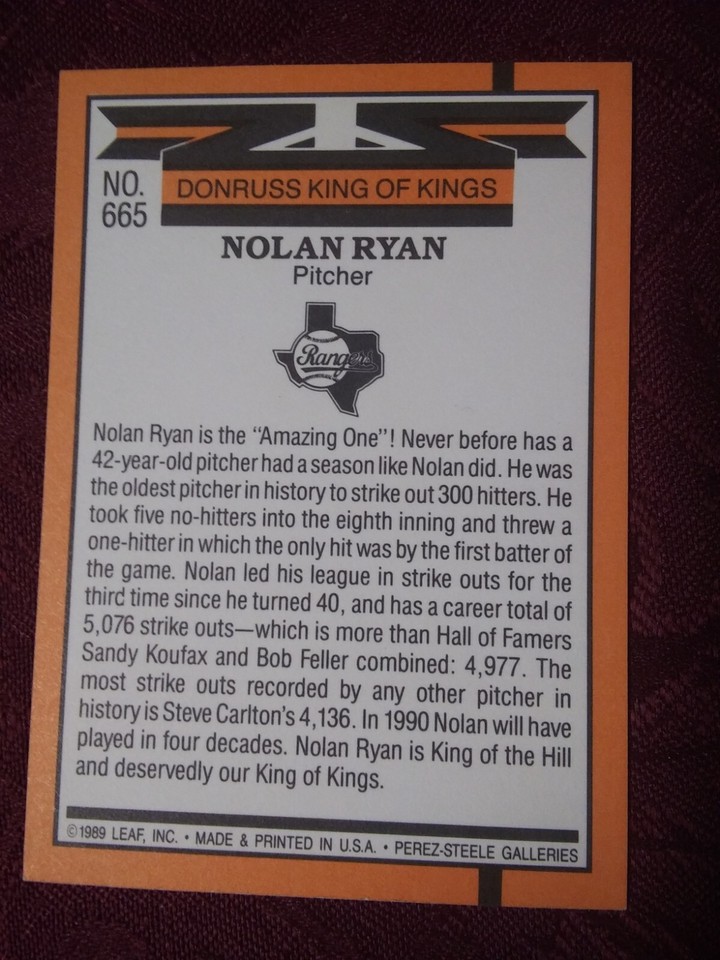 1990 Donruss Nolan Ryan Error Card w/ No. 665 On Back Instead Of No ...