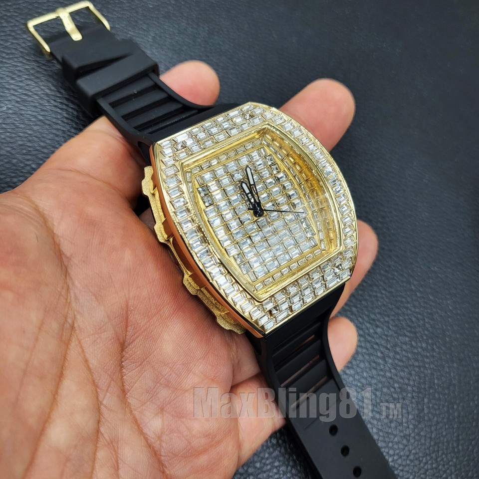 Men Luxury Watch Iced Bling Rapper Baguette Stone Silicone Band Fashion ...