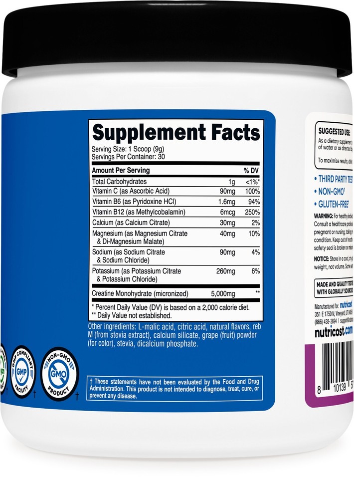 Nutricost Creatine Monohydrate + Hydration Grape Flavored, 30 Servings ...