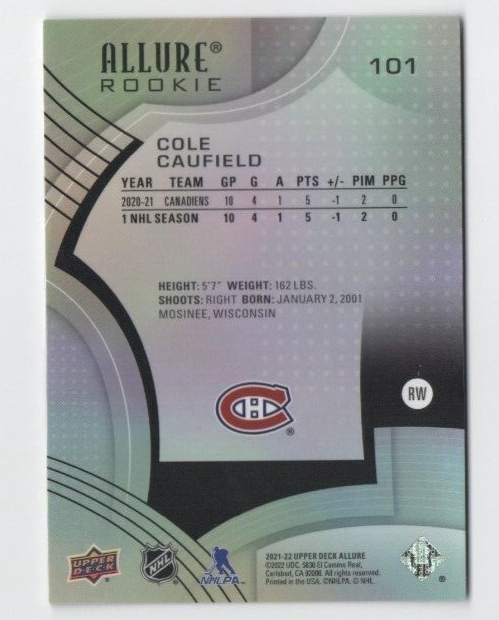 2021-22 Upper Deck Allure Rookie Cole Caufield Montreal Canadiens A-15 ...
