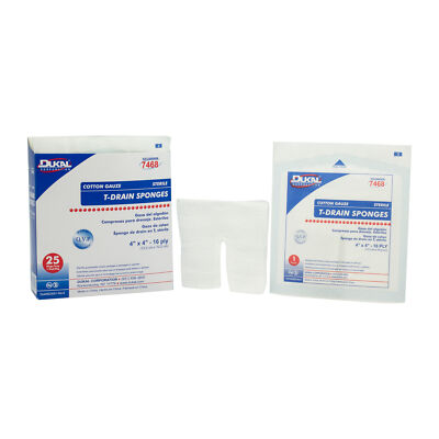 Dukal - 7468 T-Drain Gauze Sponge, Cotton, Sterile, 4" x 4" (Pack of 25 ...