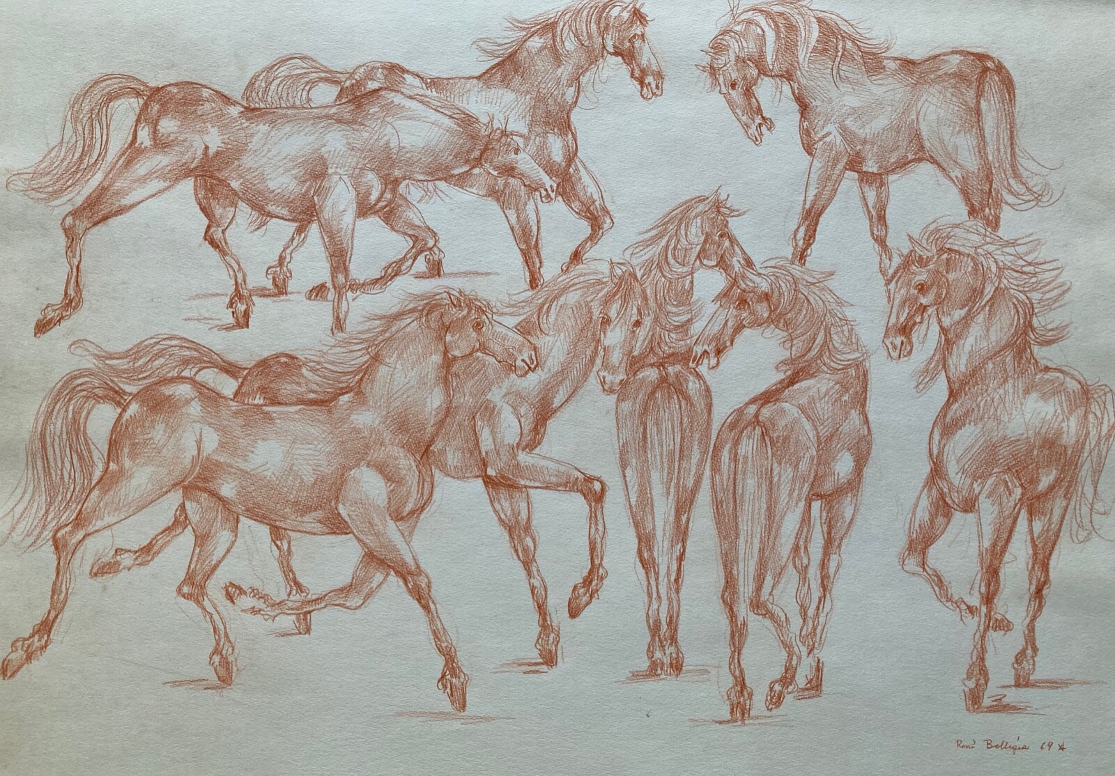 René Bolliger - Ensemble of Nine Horses - Signed Orig. 1969 rubella ...