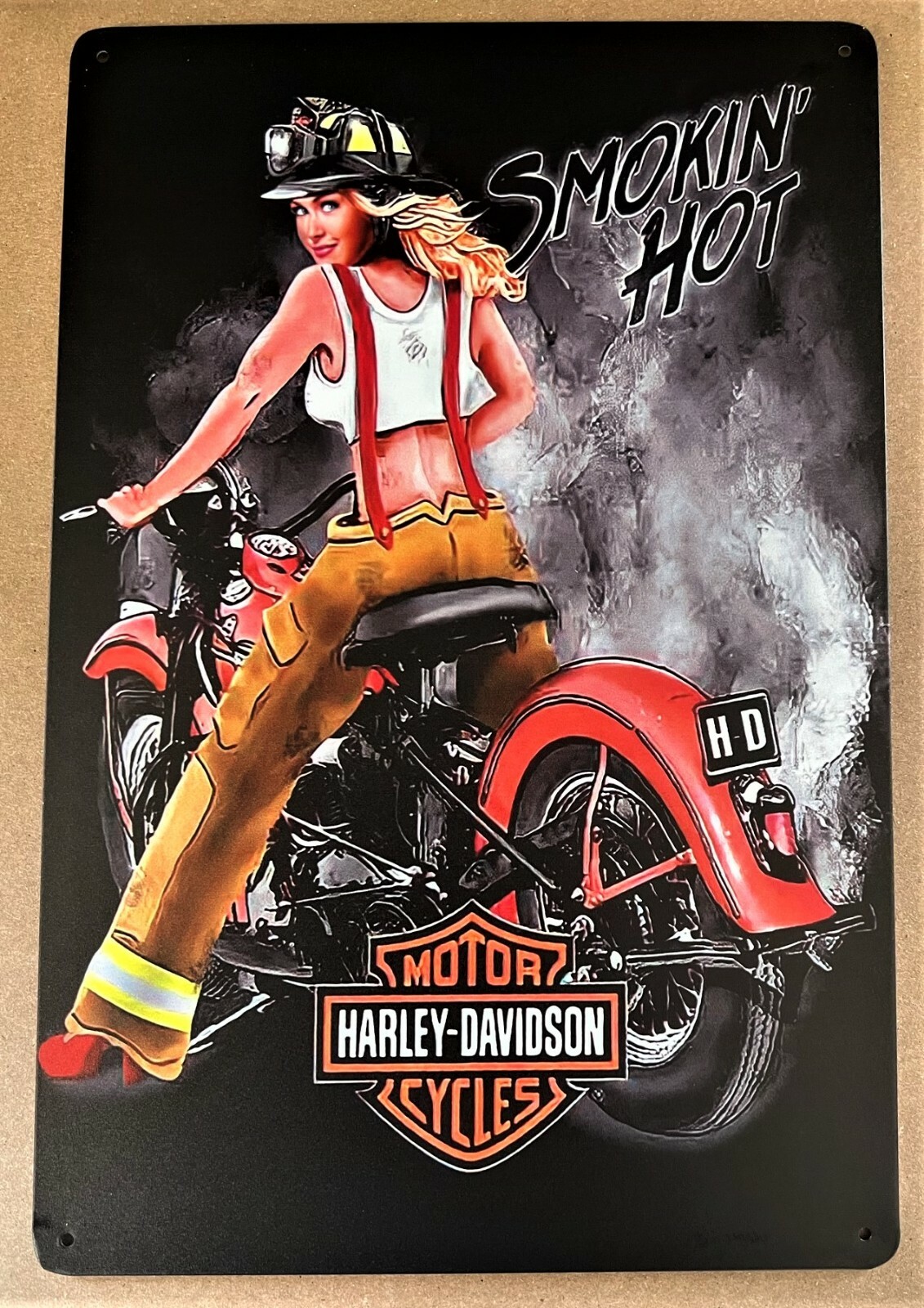 Harley Smokin Hot Girl Tin Sign (Pan Knuckle Fat Sportster Twin Soft ...