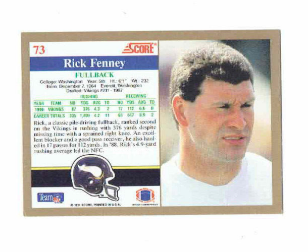 Rick Fenney Vikings FB #73 Score 1991 Football Card | eBay