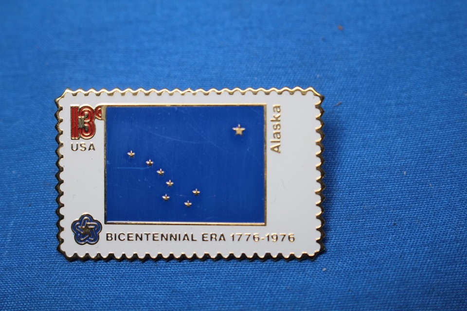 Alaska Pin Bicentennial Era 13 cent stamp style pin with Alaska state ...