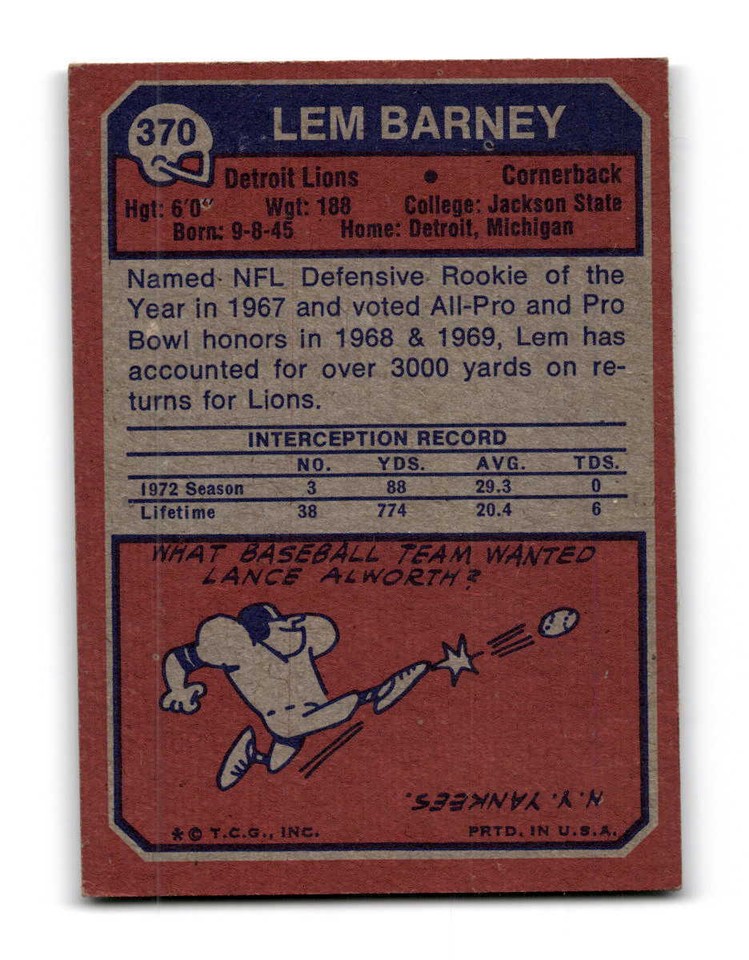 1973 Topps Lem Barney 370 | eBay