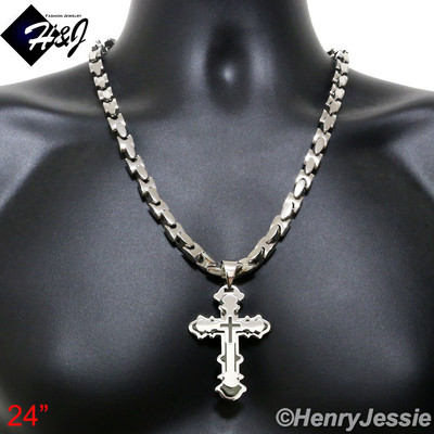 24"MEN Stainless Steel 8mm Silver Interlock Chain Black Plated Cross ...