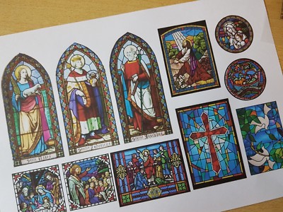 STAINED GLASS CHURCH WINDOWS self adhesive dolls house 1:12th 1:24th 1: ...