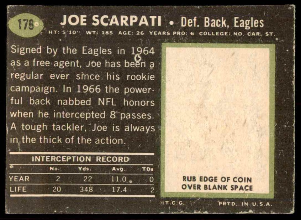 1969 Topps Joe Scarpati Philadelphia Eagles #178 | eBay