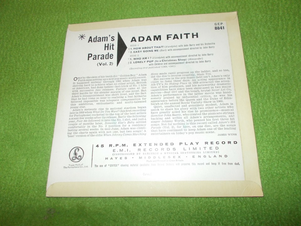 ADAM FAITH Adam's Hit Parade 45 RPM UK 7" EP Picture Sleeve 1962 ...