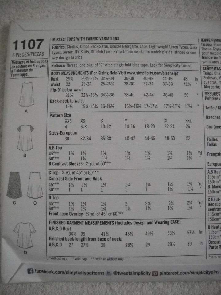 Tops Loose Fitting Misses size XXS-XXL Simplicity 1107 Sewing Pattern ...