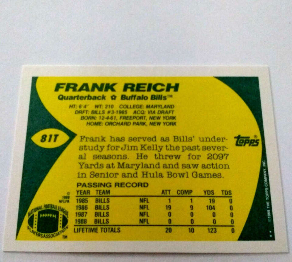 1989 Topps Traded Football Frank Reich Rookie Card #81T Factory Set ...