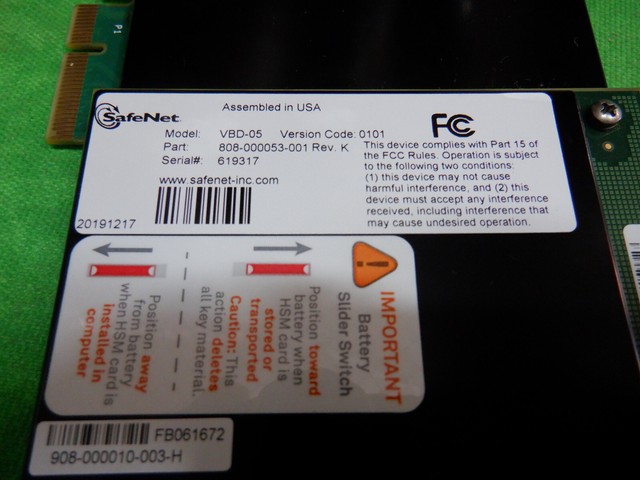 SafeNet VBD-05 PCI-E HSM Hardware Security Module 808-000055-001 Rev J ...