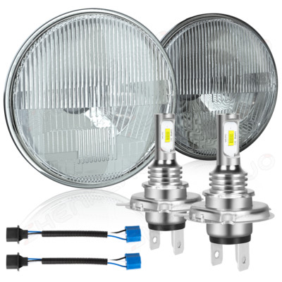 Pair 7 Inch GLASS Round Headlight Housing + H4 LED Bulb CLASSIC ...