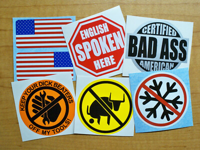 6-pack Funny Hard Hat Stickers | American Flags English Spoken Bad Ass ...