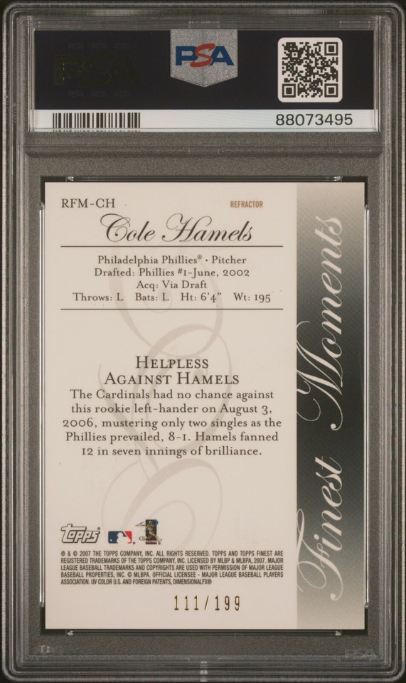 Cole Hamels 2007 Finest Rookie Green Refractor RFM PSA 10 /199 | eBay