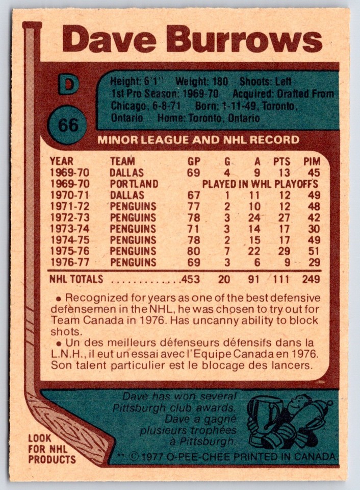 DAVE BURROWS 1977-78 O-PEE-CHEE 77-78 NO 66 NRMINT+ 53148 | eBay
