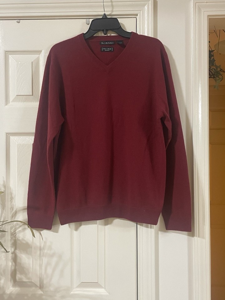 WH Belk 2 ply 100% CASHMERE V Neck Sweater Dark Red Men sz M EXCELLENT ...