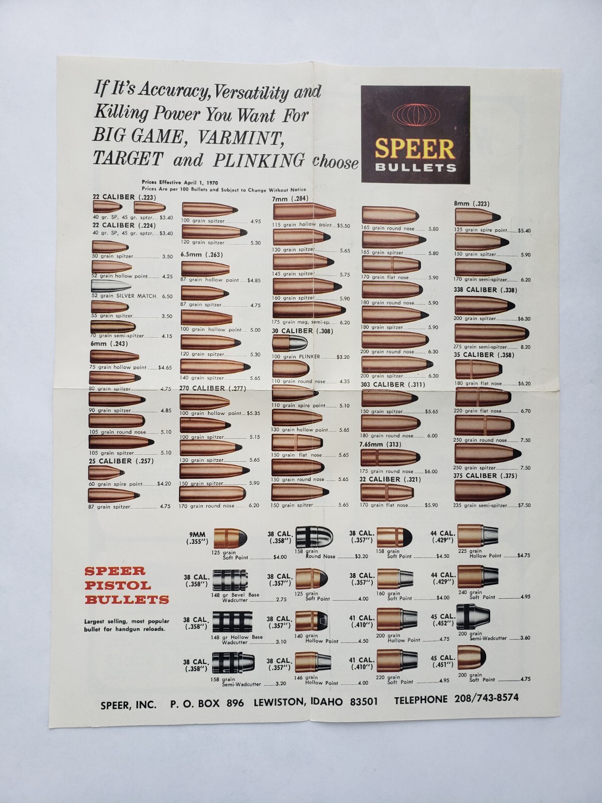 Vintage Speer Bullets Price Sheet 1970 Accuracy Versatility Power ...