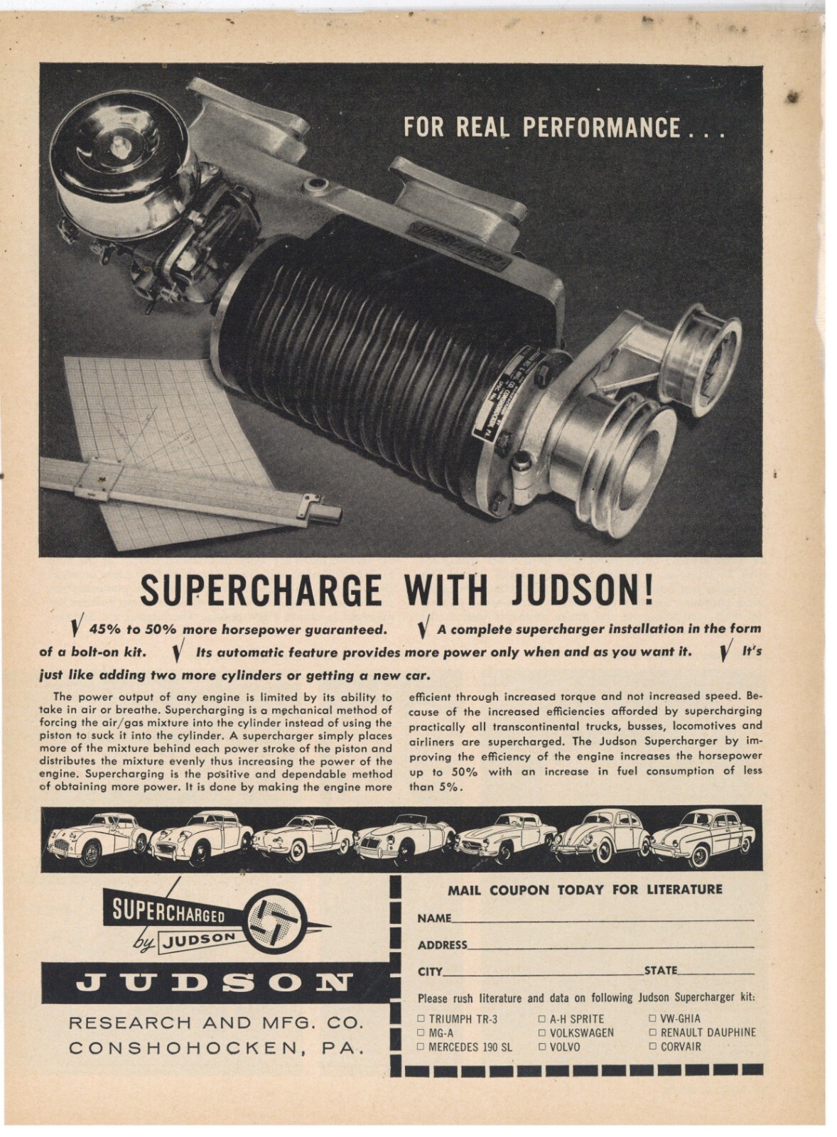 1963 Judson Supercharger Ad: Bolt on Kit - Conshohocken, Pennsylvania ...