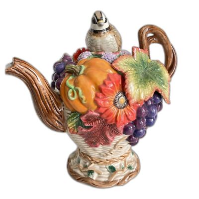 Fitz & Floyd Autumn Bounty Teapot, Quail w/Multicolor Fruits, Flowers ...