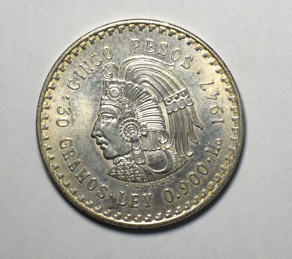 1947 MEXICO Aztec Chieftain CUAUHTEMOC Eagle Silver Coin Cino 5 Pesos ...