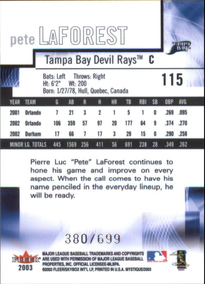 2003 Fleer Mystique Tampa Bay Devil Rays Baseball Card #115 Pete ...