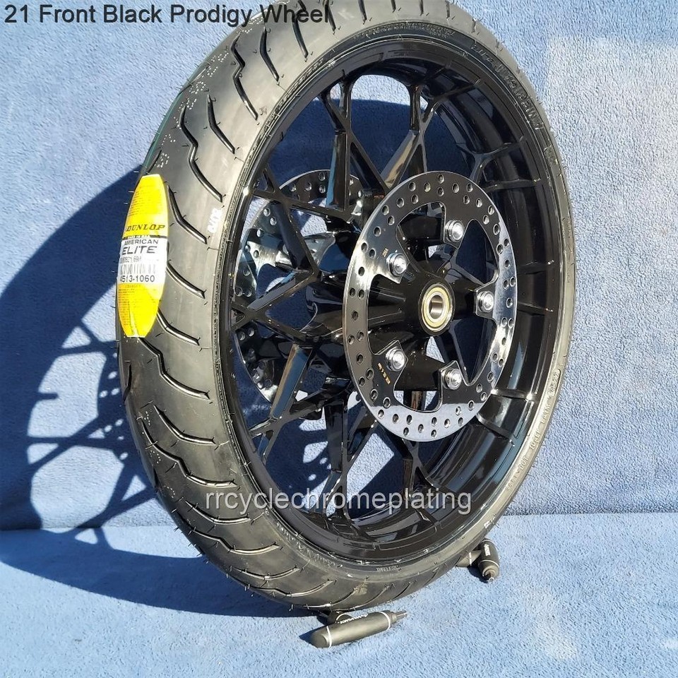Harley All Black 21" F 18" R Prodigy Wheels Dunlop Tires Rotor 09-23 ...