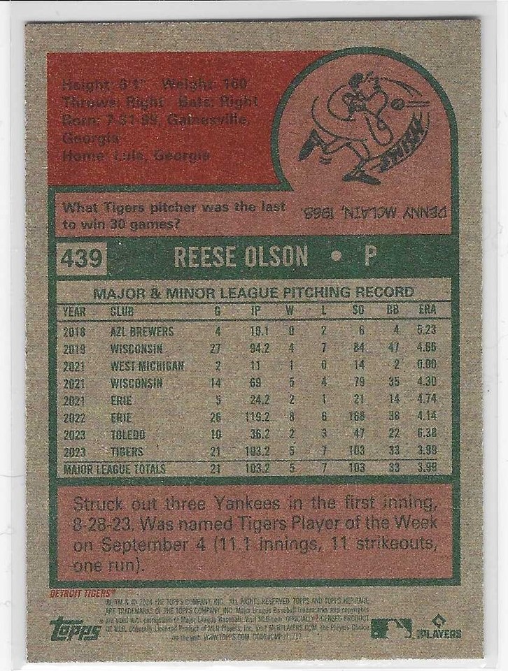 2024 Reese Olson Topps Heritage RC Rookie Card Detroit Tigers #439 | eBay