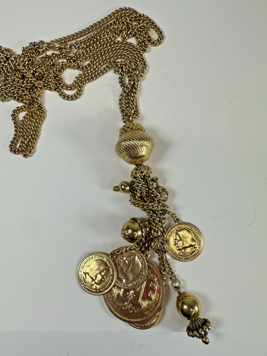 Vintage Necklace Pendant Coin Fringe Dangle Tassel Goldtone | eBay