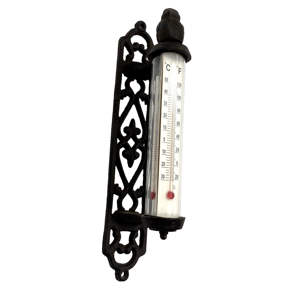 LARGE Cast Iron Outdoor Metal Bird Thermometer Garden Decor Vintage ...