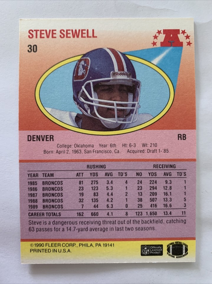 1990 Fleer Football Card #30 Steve Sewell Denver Broncos NmMt Free Shipping! | eBay