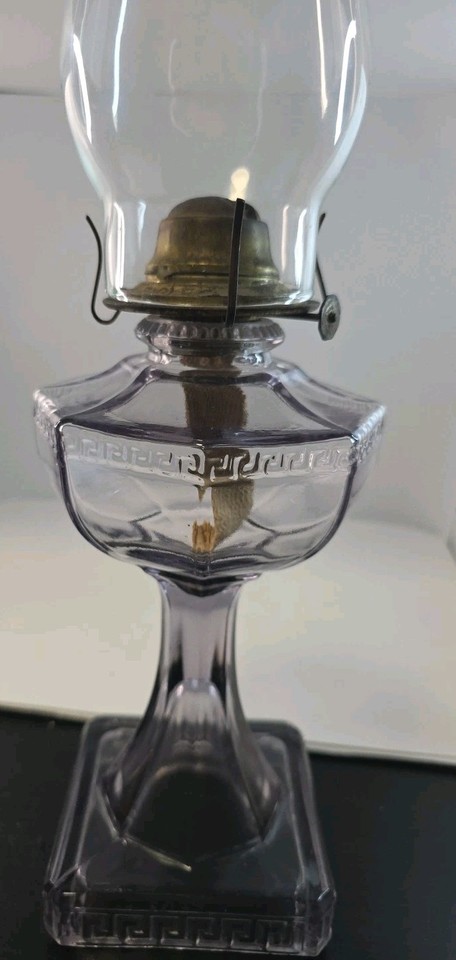 Antique Manganese Purple Glass Oil Lamp Octagonal Greek Key Pedestal W ...