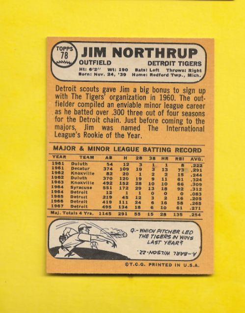 1968 Topps Jim Northrup #78 Detroit Tigers NEAR MINT FREE SHIPPING | eBay