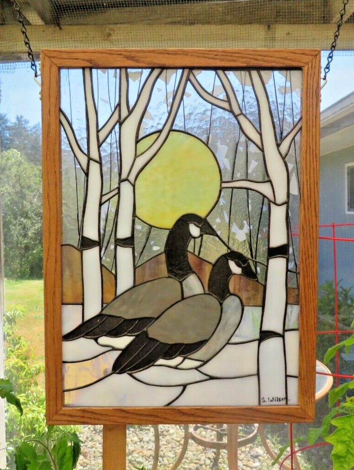 Handcrafted Large Oak Framed Stained Glass Snow Geese Panel | eBay