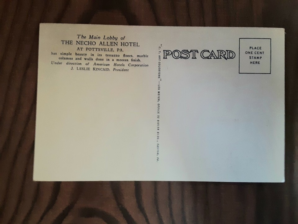 Vintage Postcard Main Lobby Necho Allen Hotel Pottsville PA Unposted ...