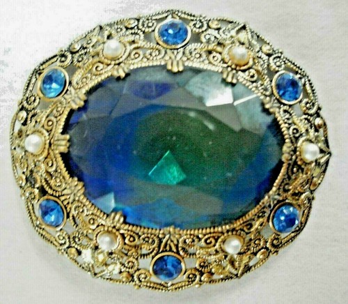 RARE Vintage West Germany Blue Porphyry Glass Cabochon & Rhinestone ...