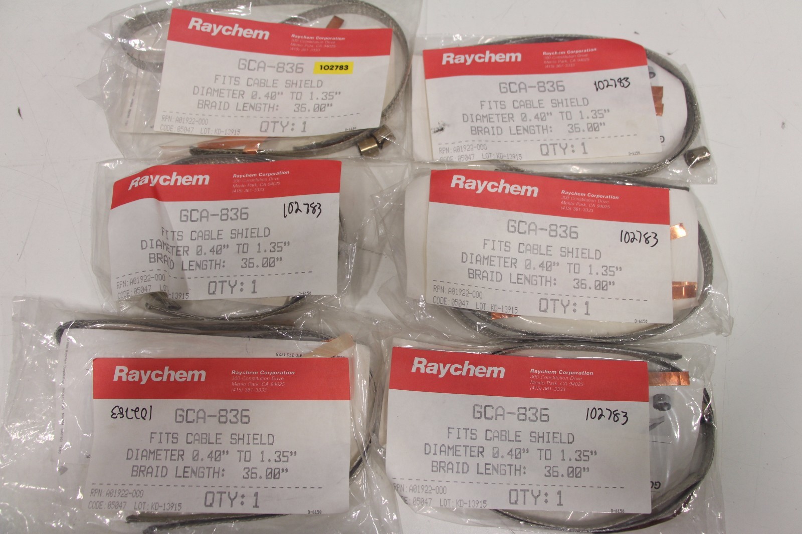 Lot of (6) Raychem GCA-836 Fits Cable Shield Dia. .4" to 1.35" Braid 36 ...