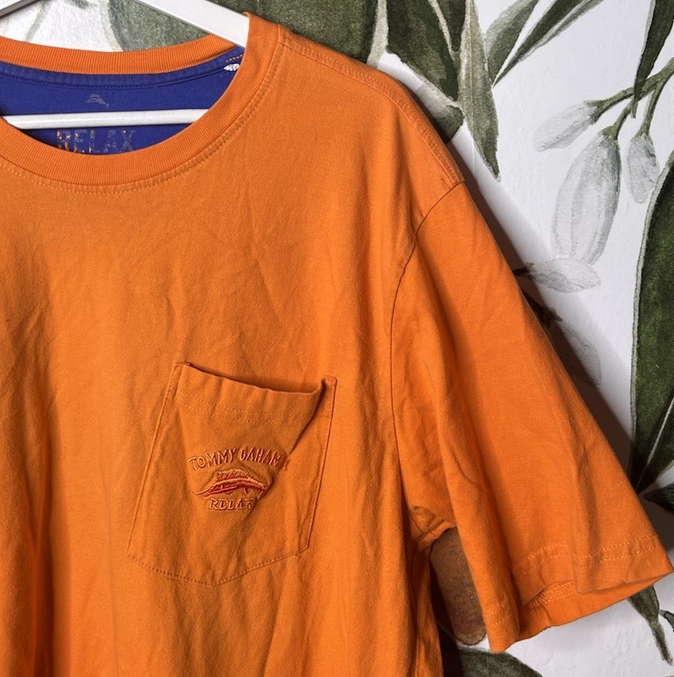 Tommy Bahama Mens XL Tee Shirt Short Sleeve Orange Cotton Front Pocket ...