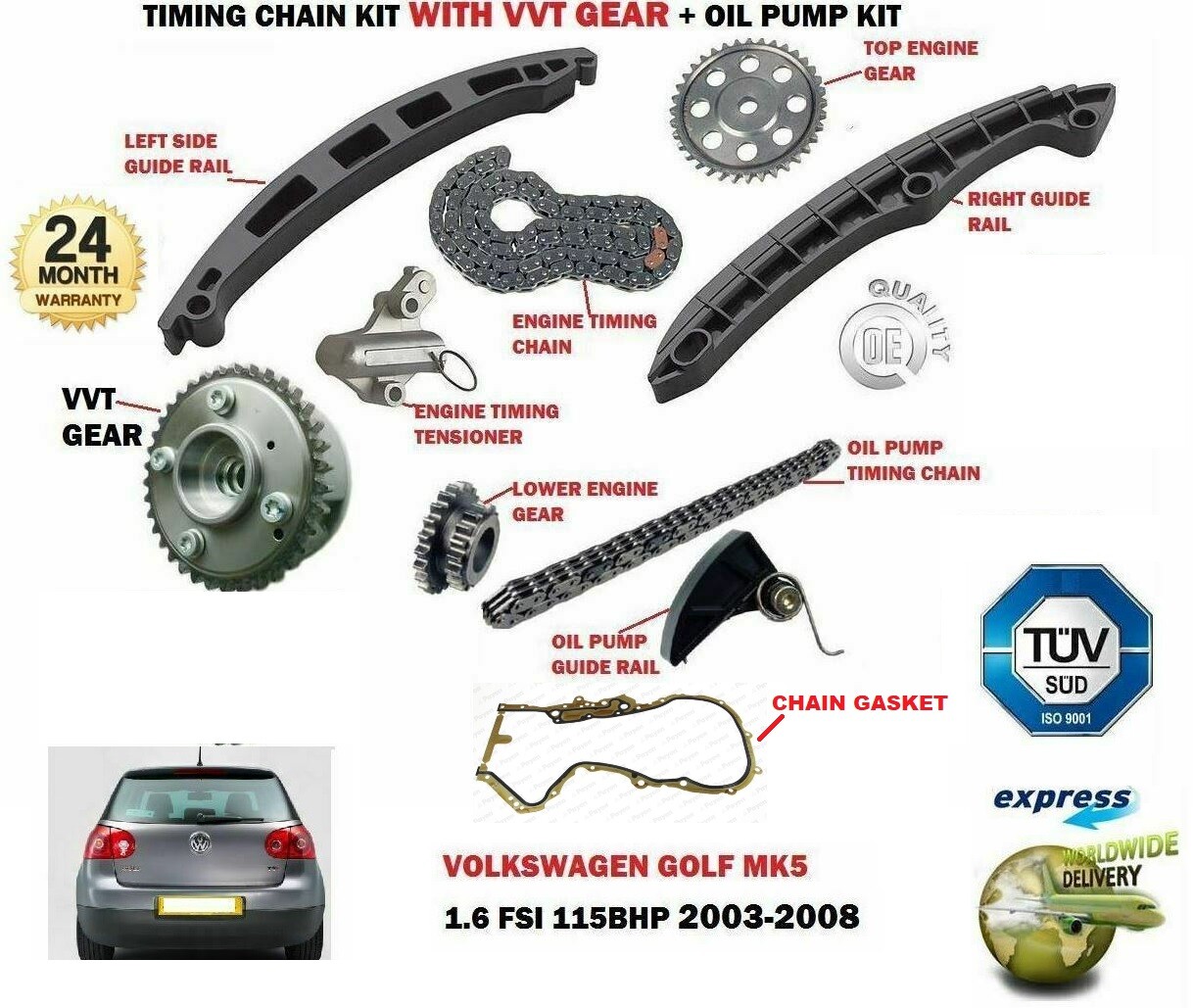 FOR VW GOLF 1.6 FSI BAG BLF BLP 115bhp 2003-2008 TIMING CHAIN KIT + VVT ...