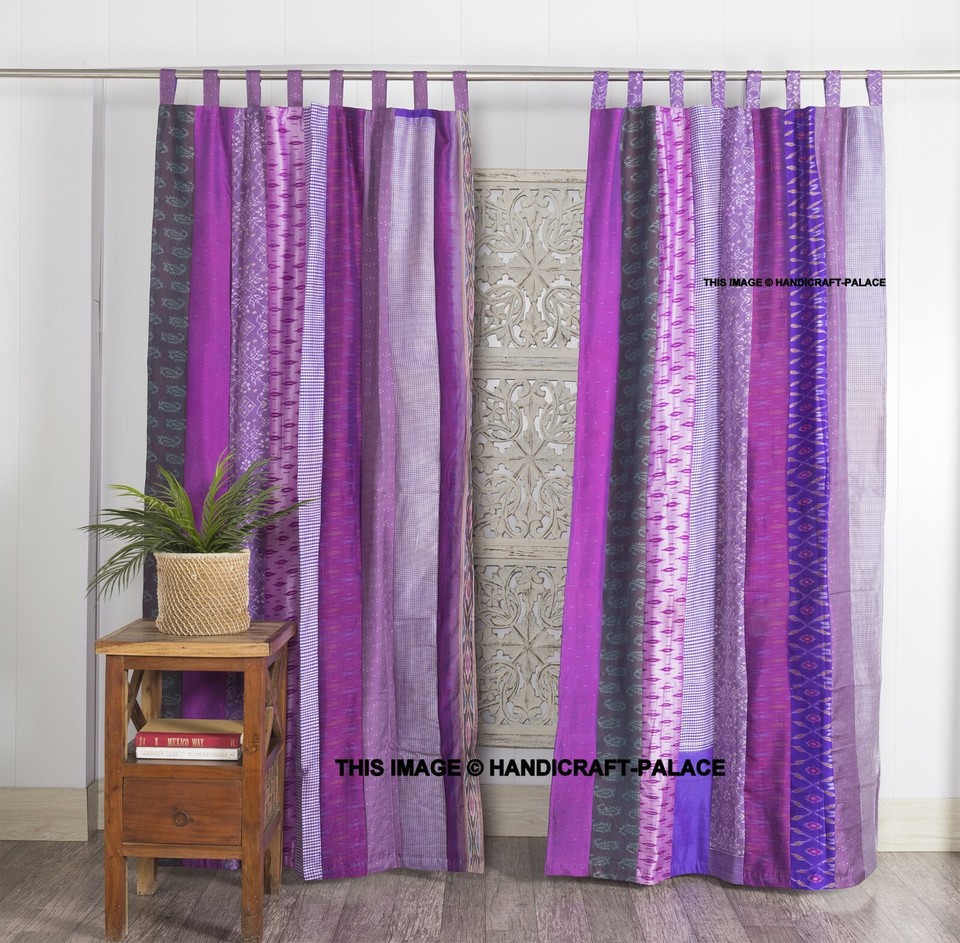 2 Pcs Indian Vintage Sari Patchwork Curtain Drape Window Decor Silk ...