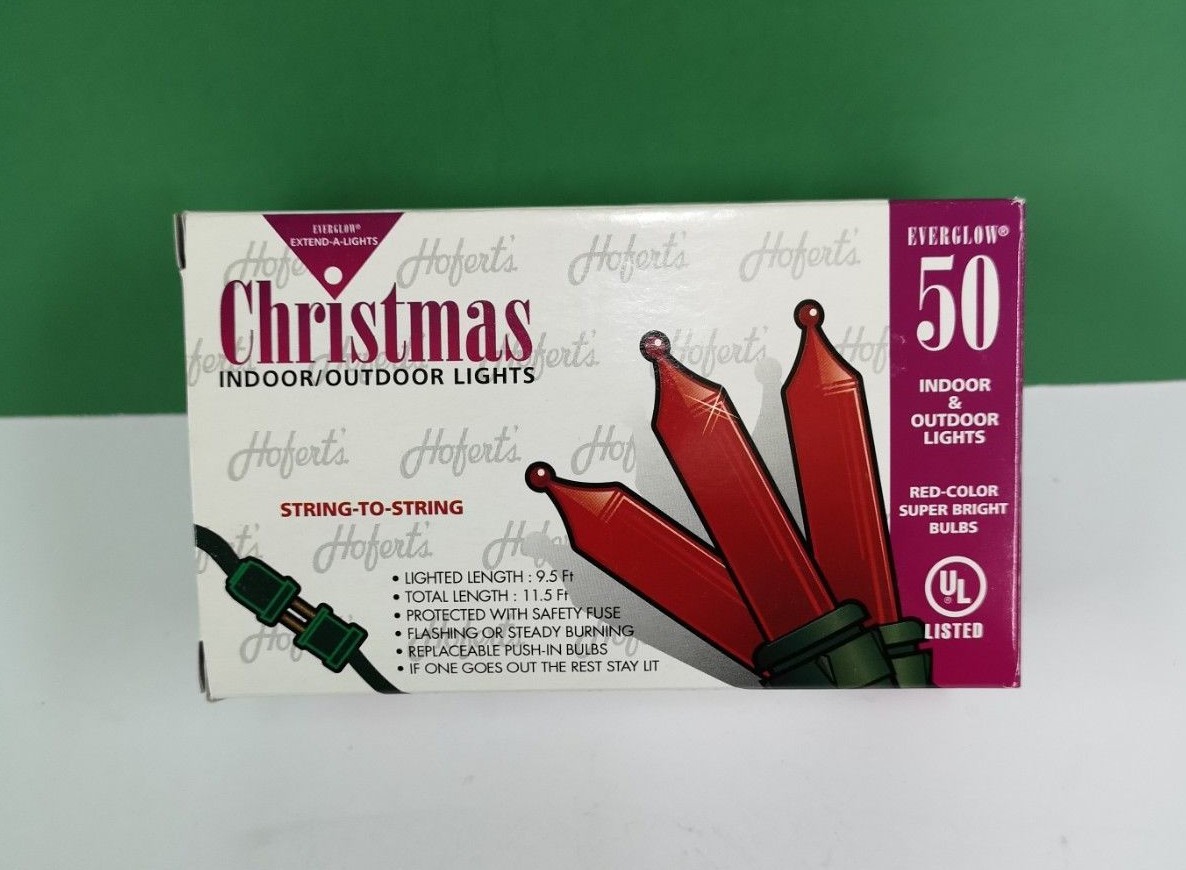 50-Light Red CHRISTMAS String Set GREEN Wire Miniature NEW Hoferts 2970 ...