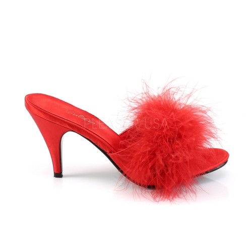 Red Satin Feathers Bedroom Slippers Heels Shoes Drag Striptease size 12 ...