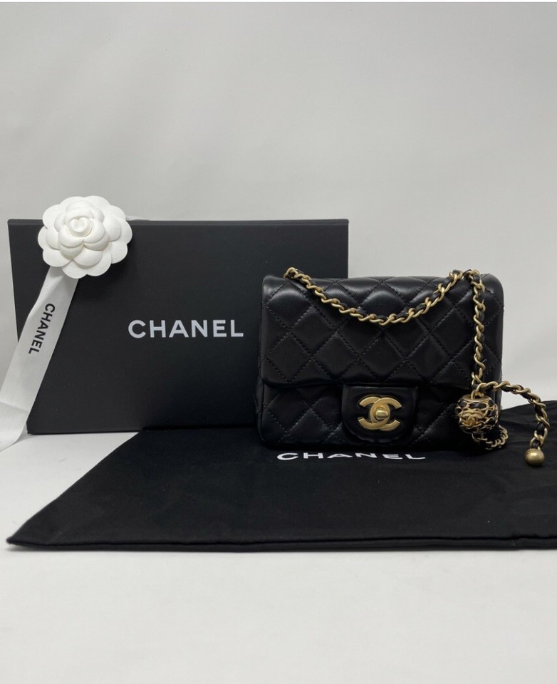 NWT 2022 CHANEL Black Mini Square Pearl Crush Gold Ball Lambskin Flap ...