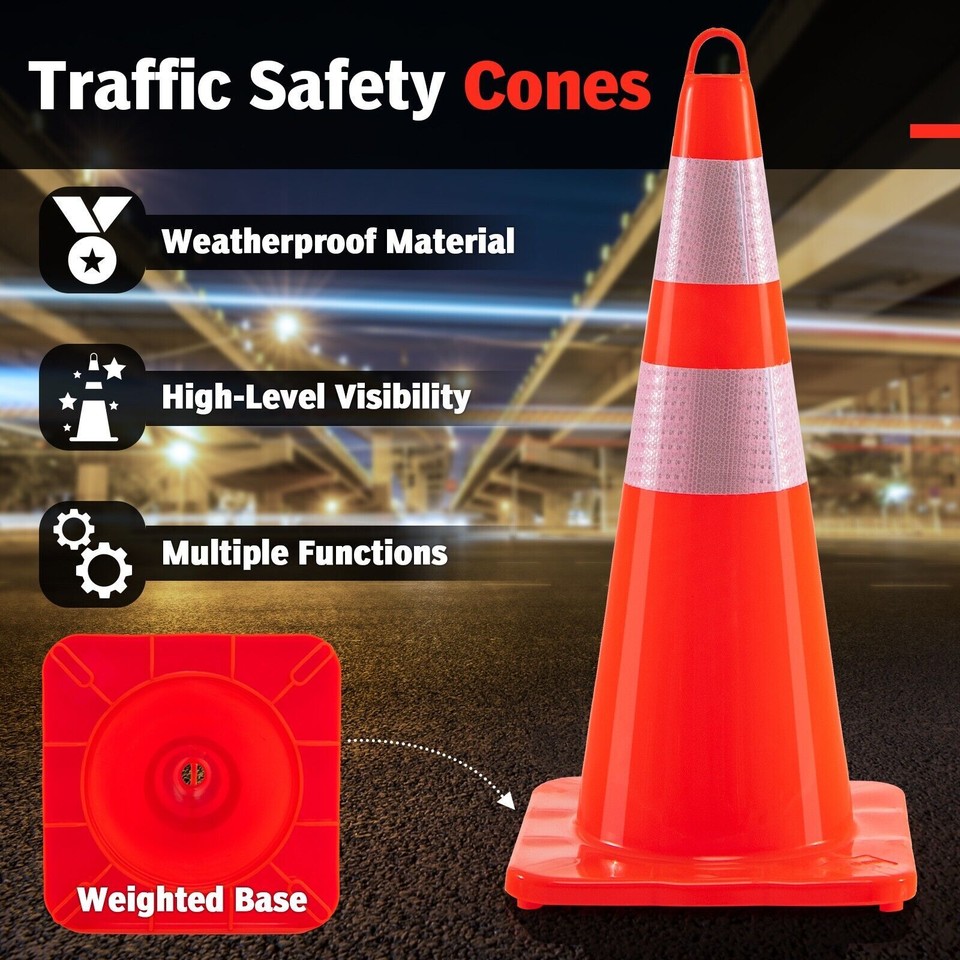 12 Pack Traffic Safety Cones 69cm PVC Orange Cones W/ Reflective Collar ...